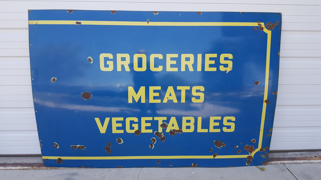 Groceries, Meats and Vegetables Porcelain Sign – Antiquities Warehouse ...