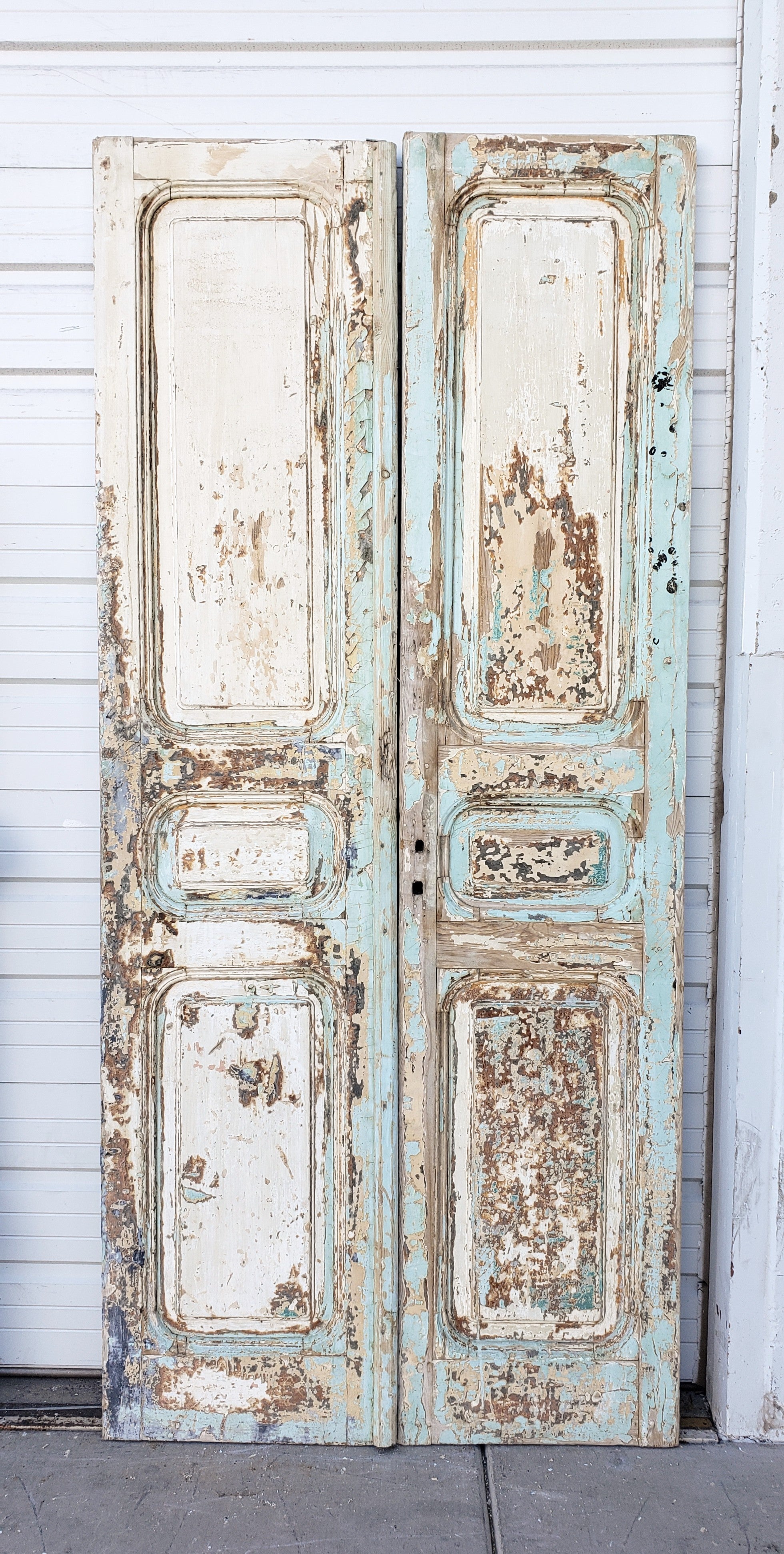 Pair of 3 Panel Distressed Wood Doors – Antiquities Warehouse of Grand ...