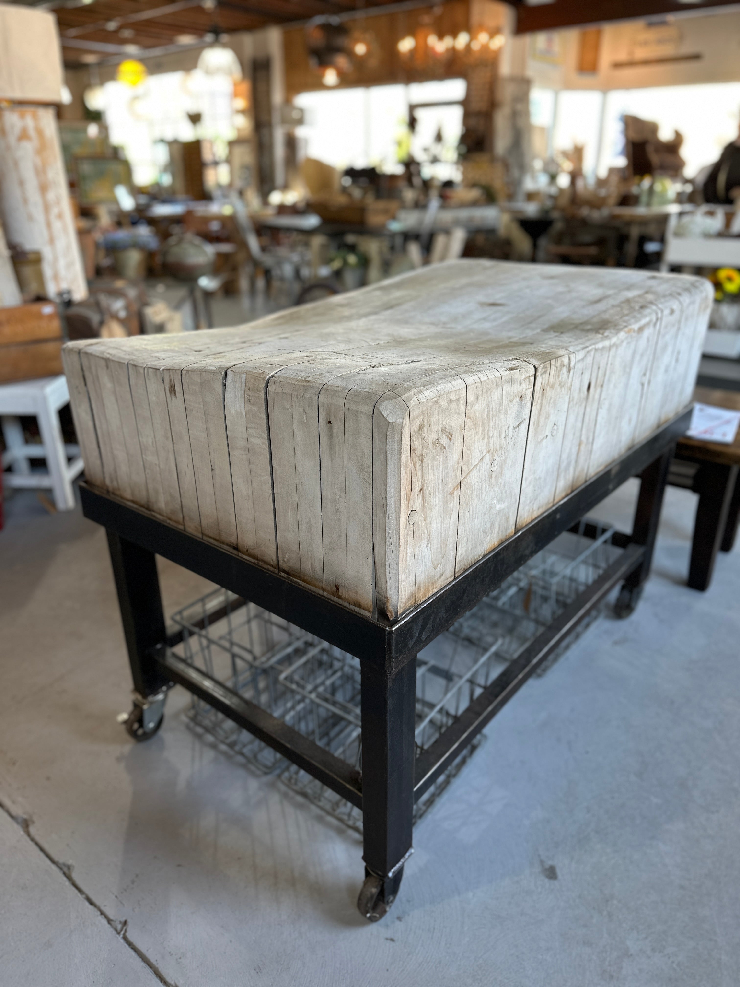 Butcher Block on Metal Base with Casters – Antiquities Warehouse of ...